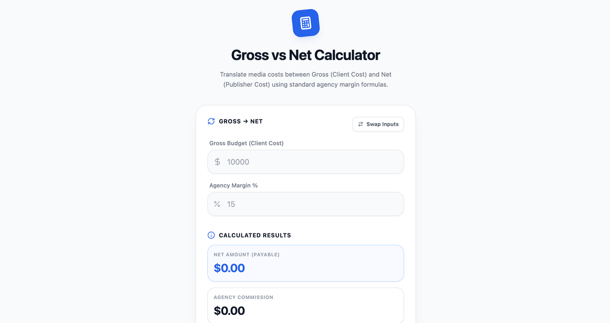Gross vs Net Calculator - Agency Fee Converter | Media Drive
